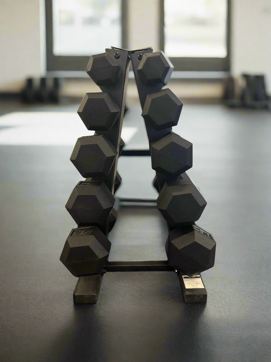 SFE 5-25LB Rubber Hex Dumbbell w/ A-Frame Rack (New) – Sports & Fitness Exchange